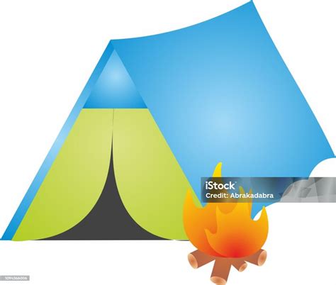 하이킹 및 캠핑 화재 불꽃 아이콘 녹색 및 파랑 색상에서 삼각형 텐트 캠프 파이어 산악 캠프 관광 캠프 텐트입니다 건강한 생활방식에 대한 스톡 벡터 아트 및 기타 이미지