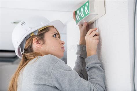 Lighted Wall Mounted Exit Sign Stock Photo Image Of Inside Path 120757474