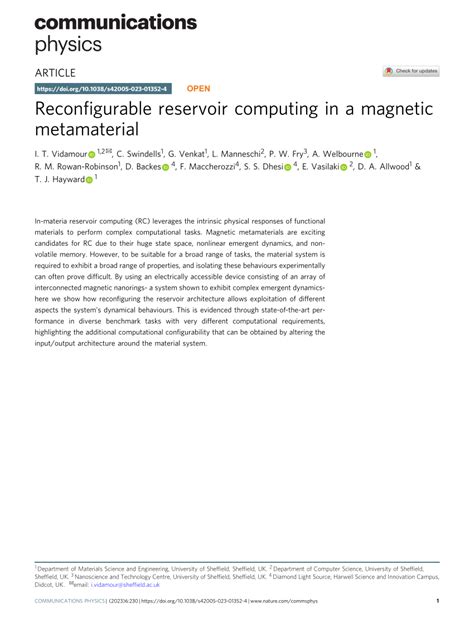 Pdf Reconfigurable Reservoir Computing In A Magnetic Metamaterial