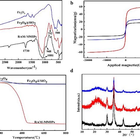 a ft ir spectra curves of fe3o4 fe3o4 sio2 and ram mmips b the