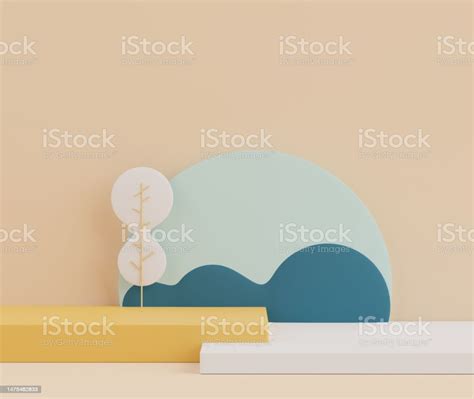 지구 색조 색상 테마가 있는 흰색 빈 연단의 최소 장면의 3d 렌더링 제품 프리젠 테이션 모형 및 화장품 광고를위한 디스플레이 스탠드 실린더 스테이지는 심플한 디자인의 장식