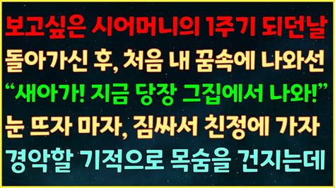 반전신청사연 보고싶은 시어머니의 1주기 되던날 돌아가신 후 처음 내 꿈속에 나와선 새아가 당장 그 집에서 나와” 눈 뜨자마자 친정에 가자 신혼집에 불이 났단 전화를