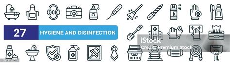 욕조 앞치마 생리대 네일 파일 병원 세면대 세탁물 핸드 드라이어 웹 디자인 모바일 앱을위한 얇은 선 아이콘과 같은 27 개의 개요 웹 위생 및 소독 아이콘 세트 공공건물에