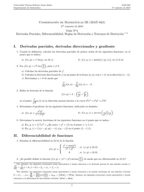 Guía De Ejercicios Unidad N°2 Funciones De Varias Variables Diferenciabilidad Pdf Derivado