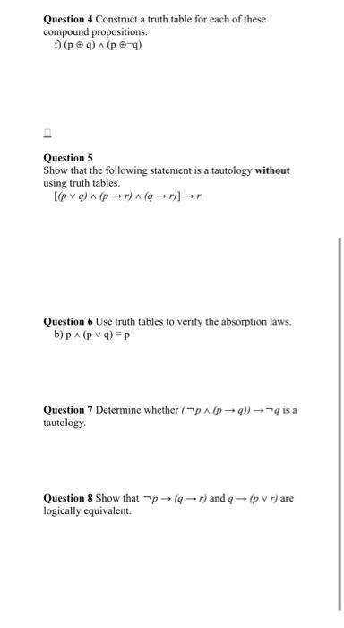 [solved] Question 4 Construct A Truth Table For Each Of Th