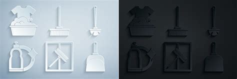 스퀴지 스크레이퍼 와이퍼 화장실 브러쉬 액체 식기 세척액용 플라스틱 병 더스트팬 걸레 및 비누 비누 비누 아이콘이 있는 분지를 놓습니다 벡터 3차원 형태에 대한 스톡 벡터