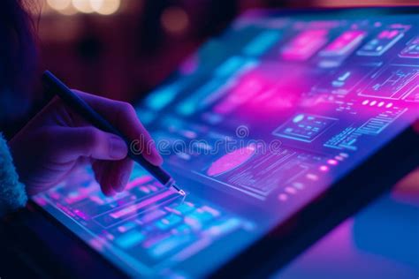 Uiux Designer Creating An Interactive Interface On A Modern Touch Screen Device At Night Stock