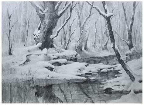 겨울 숲 눈 쌓인 계곡을 거닐다 How To Draw A Winter Landscape In Pencil 그림 풍경 그림 풍경화