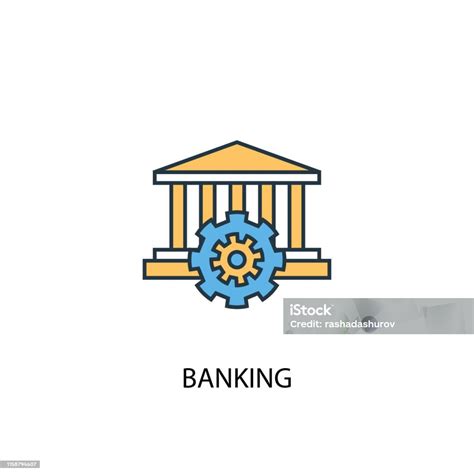 은행 개념 2 컬러 라인 아이콘입니다 간단한 노란색과 파란색 요소 그림입니다 뱅킹 컨셉 개요 기호 디자인 0명에 대한 스톡 벡터