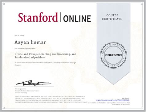 Certification Algorithm Coursera Stanforduniversity Continuouslearning