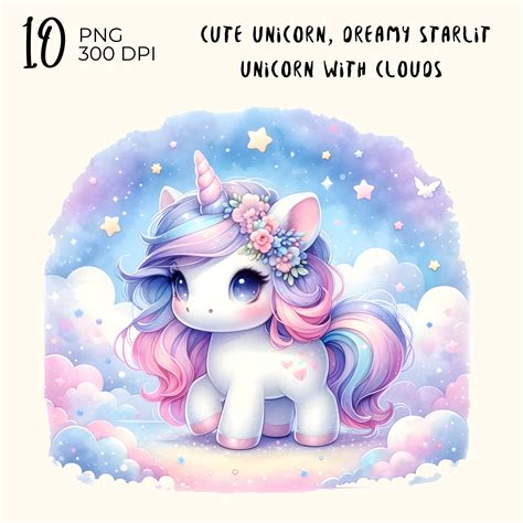 Png Files Cute Unicorn Dreamy Starlit Unicorn With Clouds Illustration Digital Download
