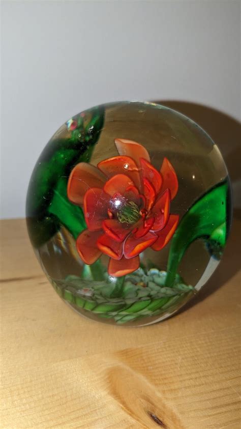 Mid Century Large Glass Paperweight With Red Flower Etsy