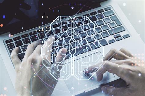 premium photo double exposure of creative artificial intelligence symbol with hands typing on