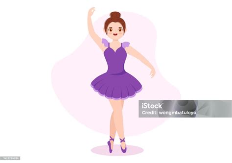 발레 템플릿 손으로 그린 만화 플랫 일러스트 레이 션 여성 아름다운 발레리나 댄스 무대 디자인에 투투 의상을 입고 Theatrical Performance에 대한 스톡 벡터