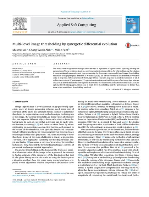 Pdf Multi Level Image Thresholding By Synergetic Differential Evolution
