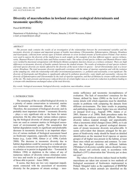 Pdf Diversity Of Macrobenthos In Lowland Streams Ecological Determinants And Taxonomic