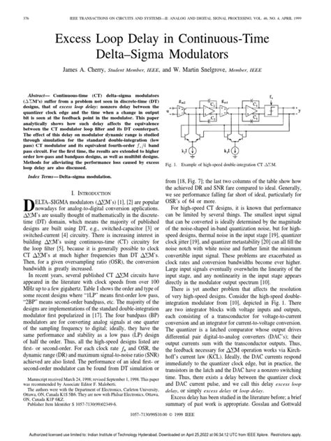 Excess Loop Delay In Continuous Time Delta Sigma Modulators James A Cherry And W Martin