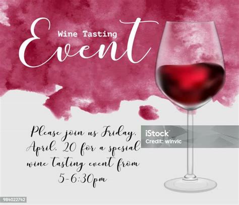 와인 시음 이벤트 전단지 서식 파일 벡터 일러스트 레이 션입니다 레드 와인 Handdrawn 수채화 질감 붓글씨 레터링 초대 그래픽 디자인 투명 한 유리 와인에 대한 스톡