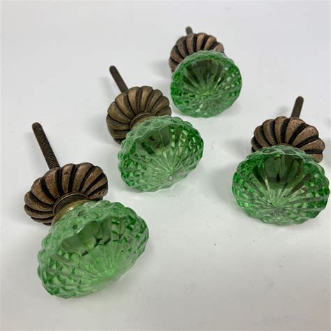 Vintage Victorian Style Green Glass Knob With Antique Brass Collar El