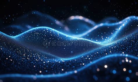 Abstract Blue Wave Patterns With Glowing Particles And Bokeh Effects In Dark Background Stock