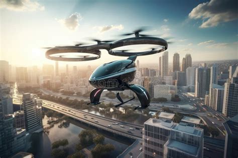 Autonomous Vehicle Flying Over Drone Captured Cityscape Stock Illustration Illustration Of