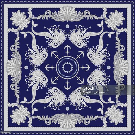 진한 파란색과 회색 배경에 벡터 숄 인쇄 유행 실버 체인과 앵커 패턴 바로크 판타지 스크롤 아름다운 인어와 진주 스카프 반다나