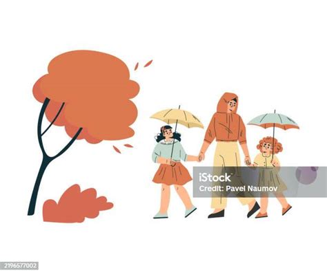 폭풍우 와 여자 캐릭터 와 아이 와 우산 벡터 일러스트 가을에 대한 스톡 벡터 아트 및 기타 이미지 가을 거리 걷기 Istock
