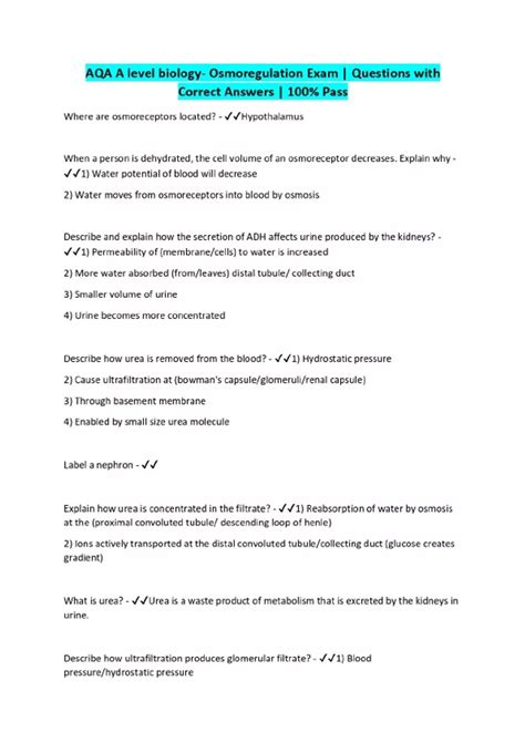 Aqa A Level Biology Osmoregulation Exam Questions With Correct Answers 100 Pass Aqa A