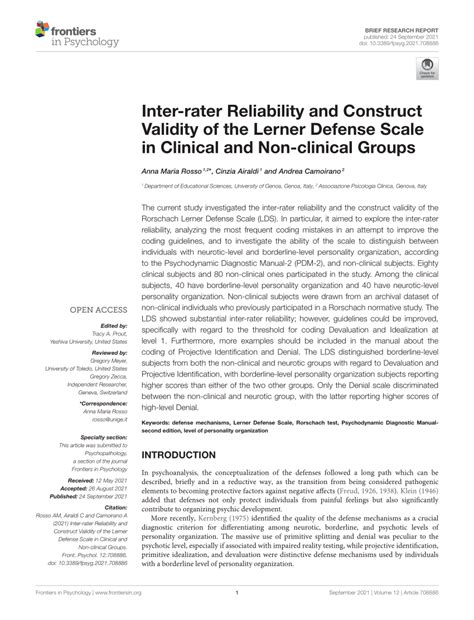 Pdf Inter Rater Reliability And Construct Validity Of The Lerner Defense Scale In Clinical And