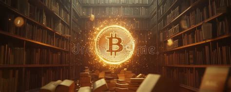 Floating Books In A Mysterious Library With A Glowing Symbol Of Cryptocurrency Stock Image