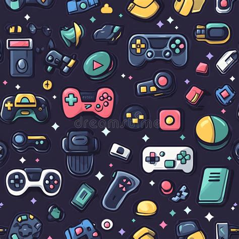 Pixel Art Retro Gaming Seamless Pattern Colorful Controllers And Accessories On Dark Background