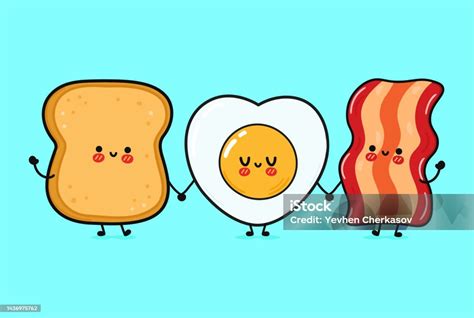 귀엽고 재미있는 행복한 토스트 베이컨과 계란 후라이 벡터 손으로 그린 만화 Kawaii 캐릭터 그림 아이콘입니다 재미있는 만화