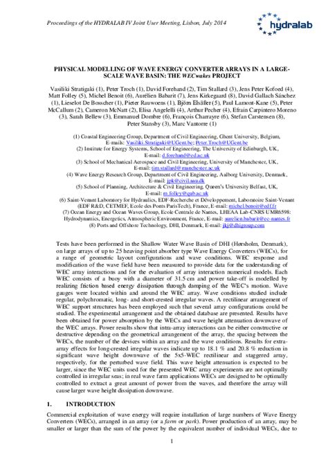 Pdf Physical Modelling Of Wave Energy Converter Arrays In A Large Scale Wave Basin The