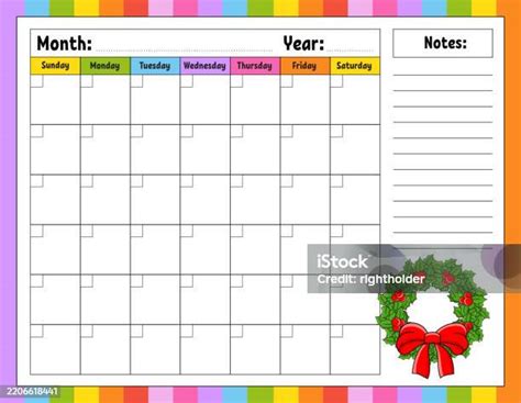 Blank Calendar Template For One Month Without Dates Colorful Design