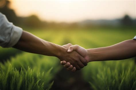 Premium Ai Image Handshake Unity And Collaboration In A Green Farm Setting Generative Ai