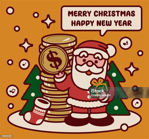 크리스마스 선물을 든 사랑스러운 산타클로스가 돈을 주고 메리 크리스마스와 새해 복 많이 받으세요 12월 31일에 대한 스톡 벡터 아트 및 기타 이미지 Istock
