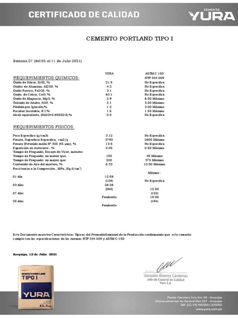 Certificado De Cemento Pdf Cemento Materiales De Construcción