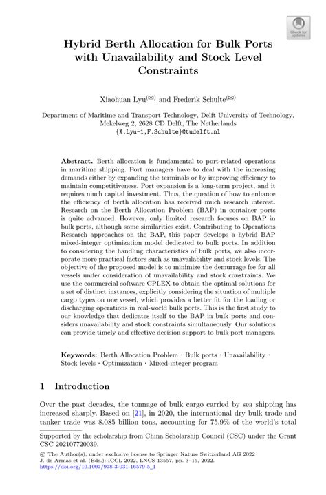 pdf hybrid berth allocation for bulk ports with unavailability and stock level constraints
