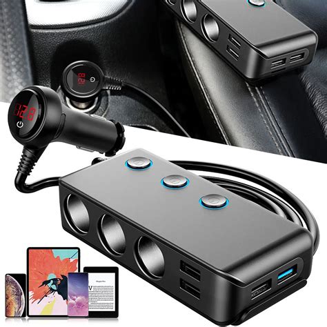4 Usb 포트 차량용 충전기 전압계 3 방향 자동차 담배 라이터 소켓 분배기 120w 전원 어댑터 충전기담배 라이터
