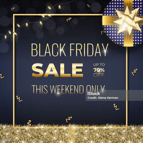 골드 블랙 프라이데이 세일 카드 선물 빛나는 화환과 사각형 프레임 어두운 파란색 배경에 황금 빛 커버 포스터 벽지에 좋은 소셜 미디어 배너 디자인 템플릿 0명에 대한 스톡