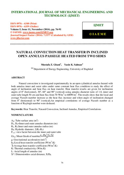 Pdf Natural Convection Heat Transfer In Inclined Open Annulus Passege