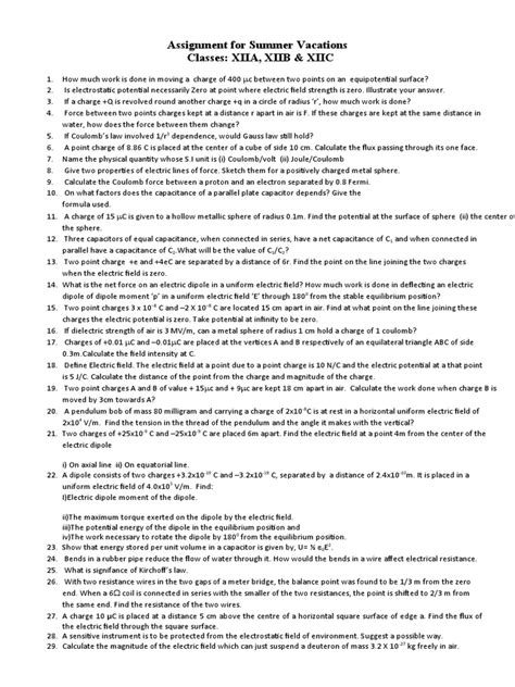 Assignment Summer Vacations Pdf Capacitance Electric Charge