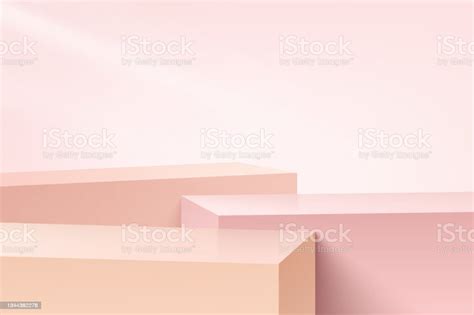 흰색과 분홍색 의 현실적인 큐브는 받침대 를 밟거나 분홍색 추상적 인 방으로 연단세트를 서있습니다 3d 기하학적 플랫폼 설계가 있는 벡터 스튜디오 룸 파스텔 장면 제품