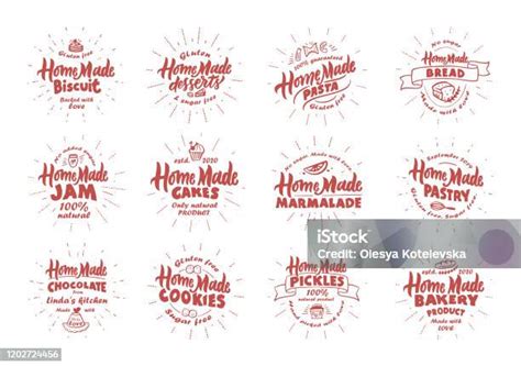 빈티지 홈 메이드 엠블럼과 스탬프 세트 패스트리 피클 베이커리 파스타 비스킷 배지 템플릿 및 광선 스티커 로고에 대한 스톡 벡터