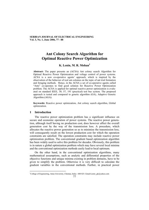 pdf ant colony search algorithm for optimal reactive power optimization