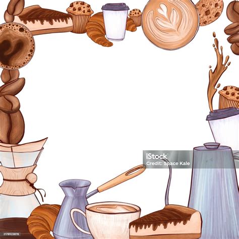 커피를 테마로 한 프레임 커피 요소 컵 커피 원두 냄비와 크루아상 케이크 머핀과 같은 구운 식품이 있는 디지털 일러스트레이션 카페 메뉴 포스터에 최적 0명에 대한 스톡 벡터