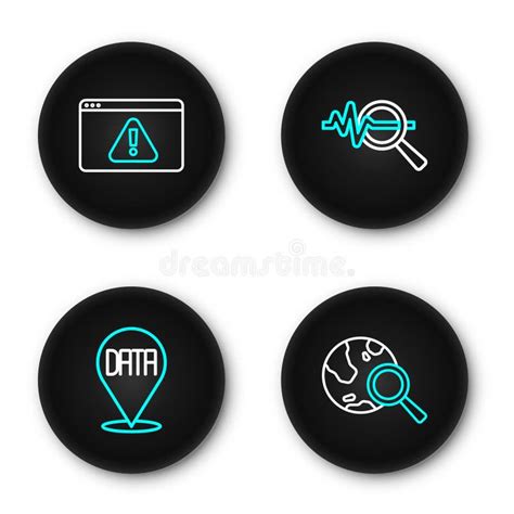 Set Line Search Globe Data Analysis Data And Browser With Exclamation Mark Icon Vector Stock