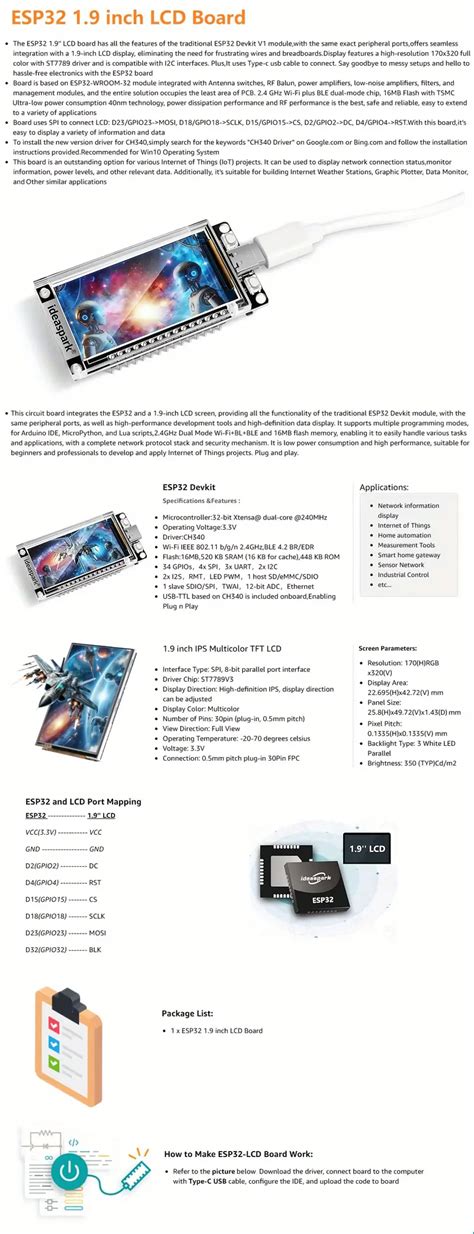 Ideaspark Esp32 Development Board With 16mb Flash 483cm Tft Lcd Screen St7789 Wifibl