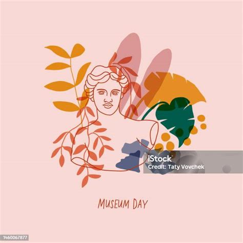 꽃을 가진 르네상스 여자의 동상 최소한의 그림입니다 분홍색 배경입니다 박물관의 날 엽서 배너 박물관 그림입니다 벡터 그림 개념에