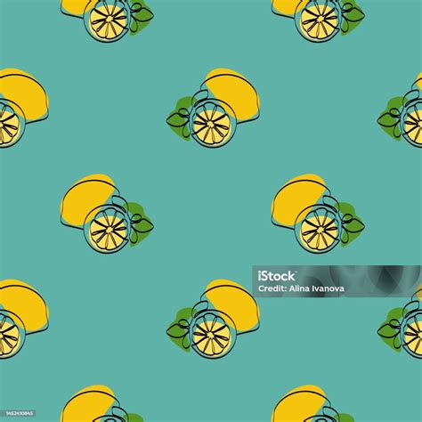 파란색 배경에 레몬과 매끄러운 패턴 연속 한 줄 그리기 레몬 화려한 반점이있는 파란색 배경의 검은 색 라인 아트 비건 컨셉 0